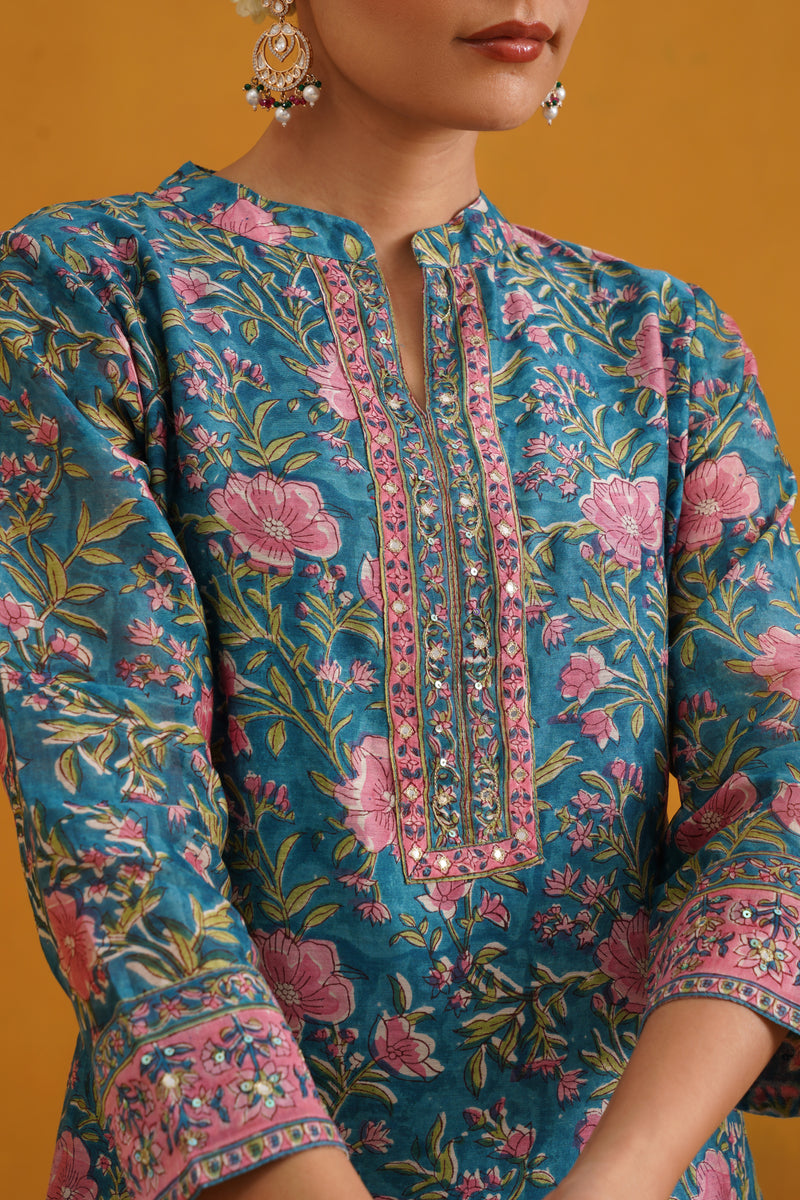 Murraya | Turquoise Thea Embroidered Chanderi Kurta Set of 3