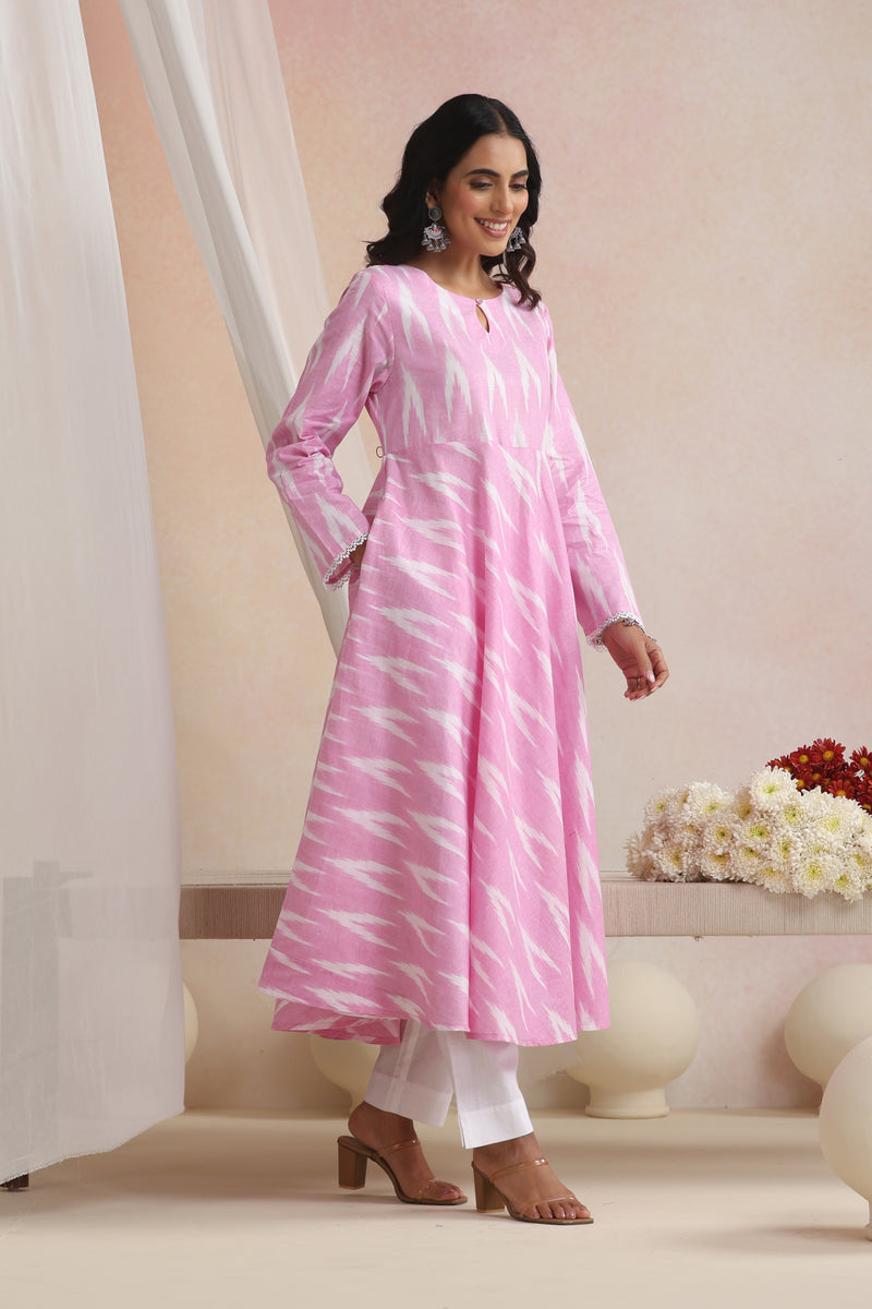 Murraya | Pink Amara Ikat Handloom Cotton Anarkali Set of 2