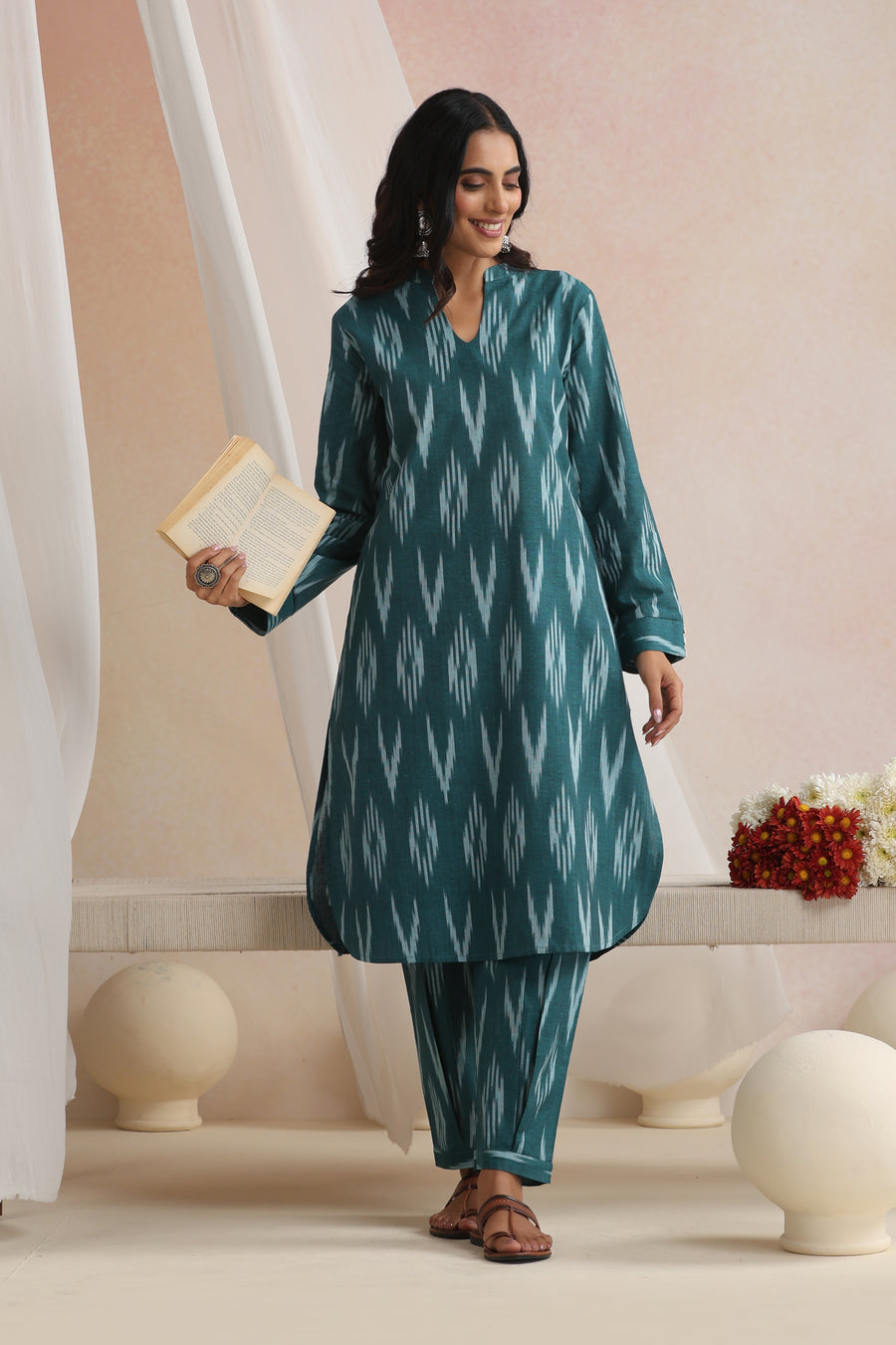 Murraya | Green Liora Ikat Handloom Cotton Kurta Set of 2
