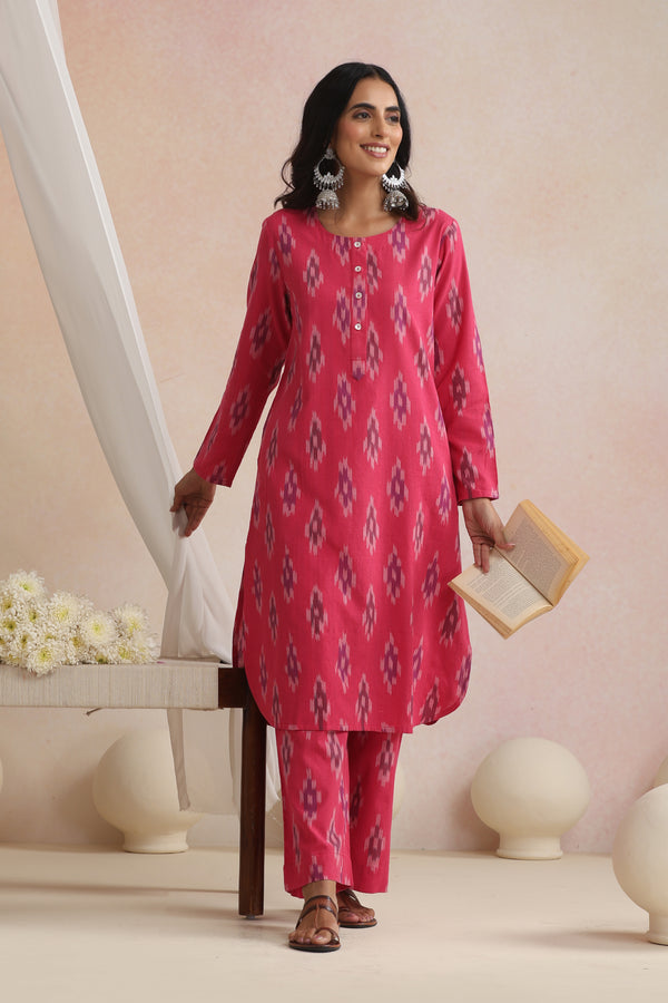 Murraya | Pink Prisha Ikat Handloom Cotton Kurta Set of 2